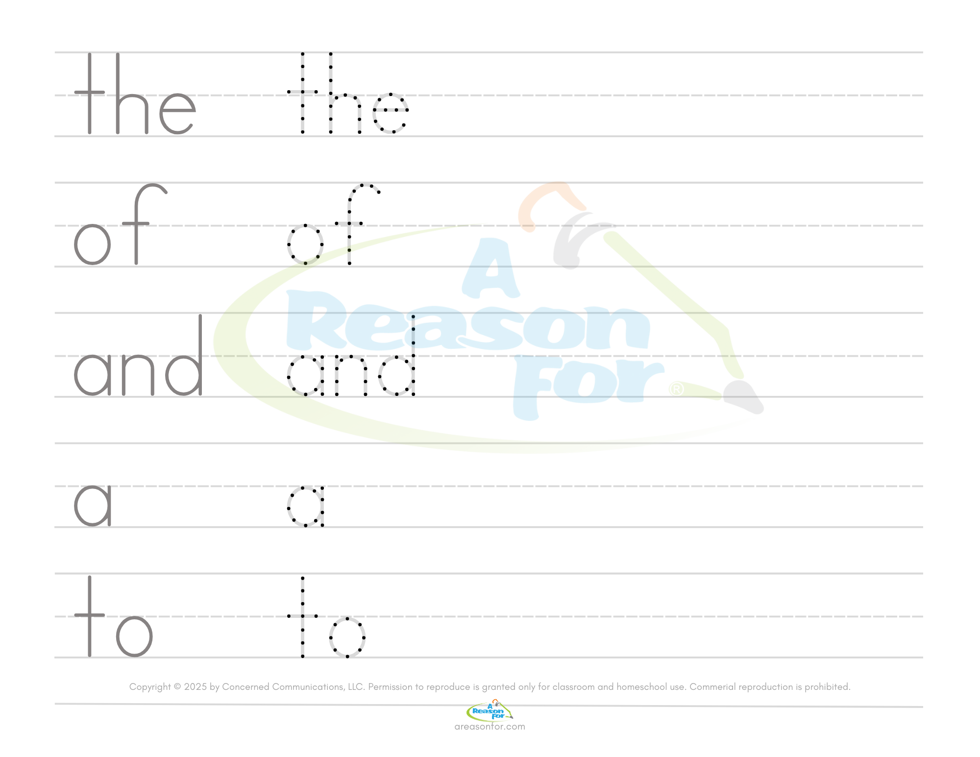 Free Handwriting Practice Sheets - Fry's First Sight Words 1 - 25